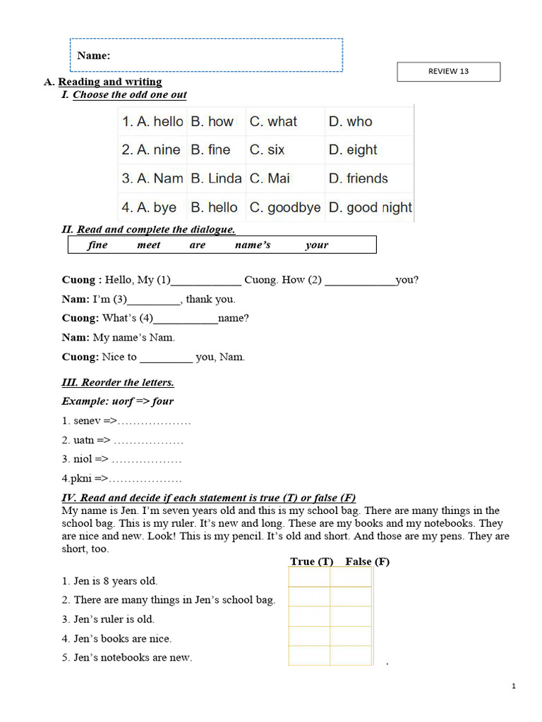 Grade 3 Đề Review 13 | PDF