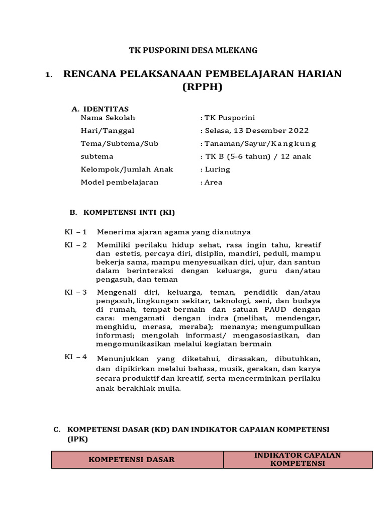 RPPH Pembelajaran Tanaman Kangkung TK | PDF