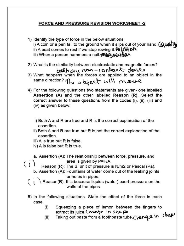 Force and Pressure Worksheet | PDF