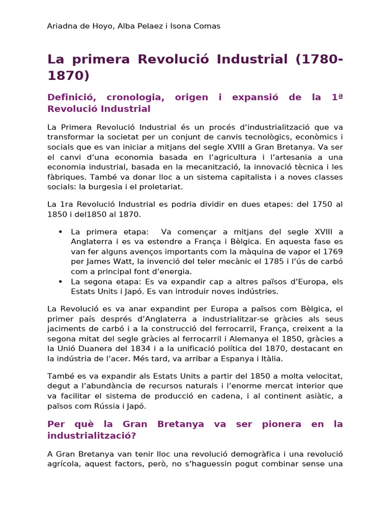 La Primera Revolució Industrial | PDF