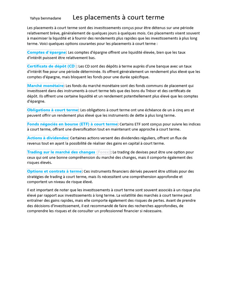 Placements à Court Terme : Options et Risques | PDF | Option (Finance ...