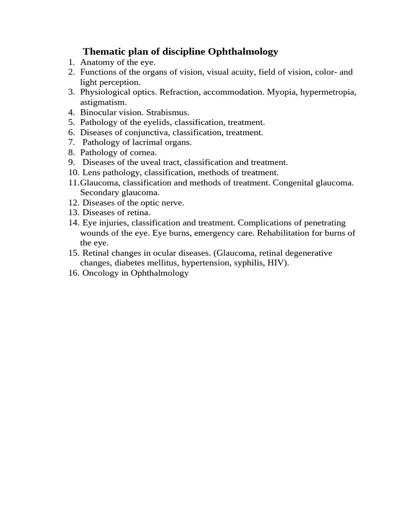 1thematic Plan of Discipline Ophthalmology | PDF