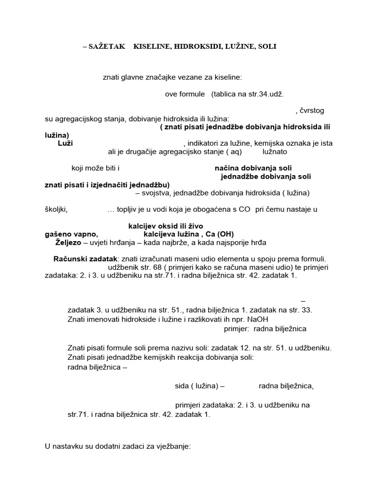 Kemija 8 - Sažetak - KISELINE, LUŽINE, SOLI | PDF
