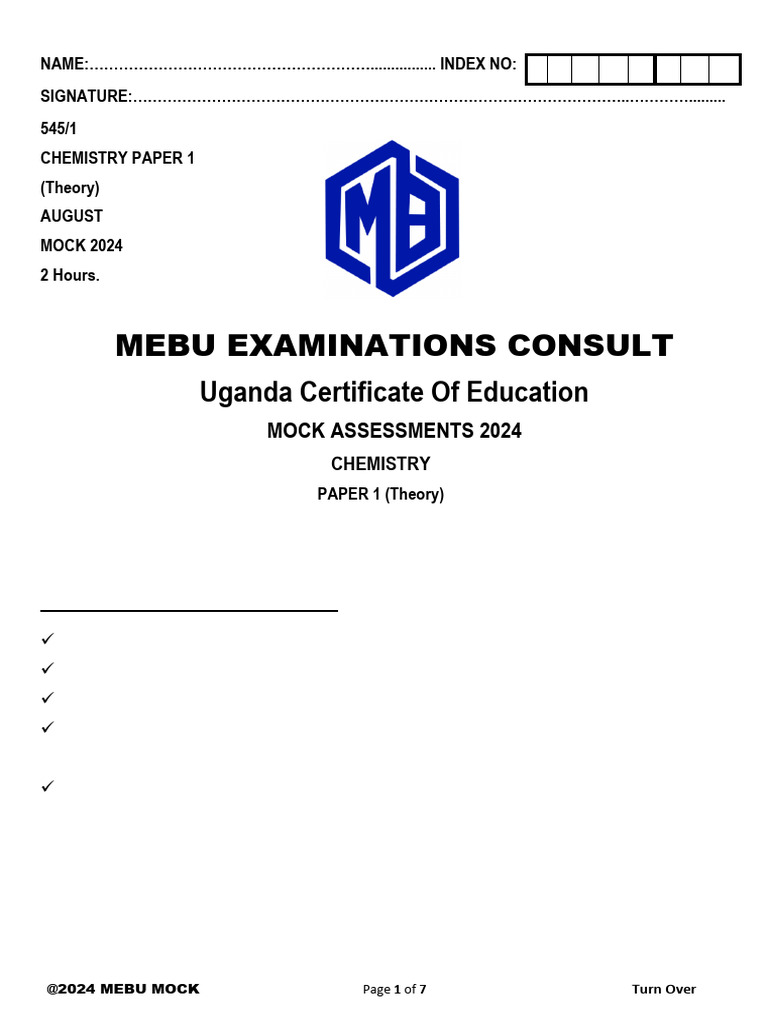 Uce Chemistry Mock Paper 1-1 | PDF | Sodium Hydroxide