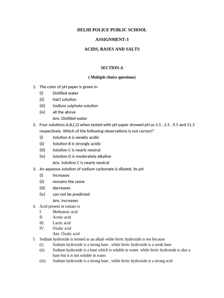 Chemisttry ASSIGNMENT - 3 - ACIDS, BASES AND SALTS | PDF | Acid | Hydroxide