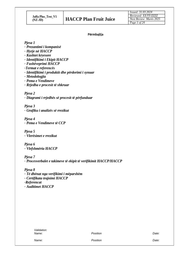 HACCP - Plan - Fruit - Juice | PDF