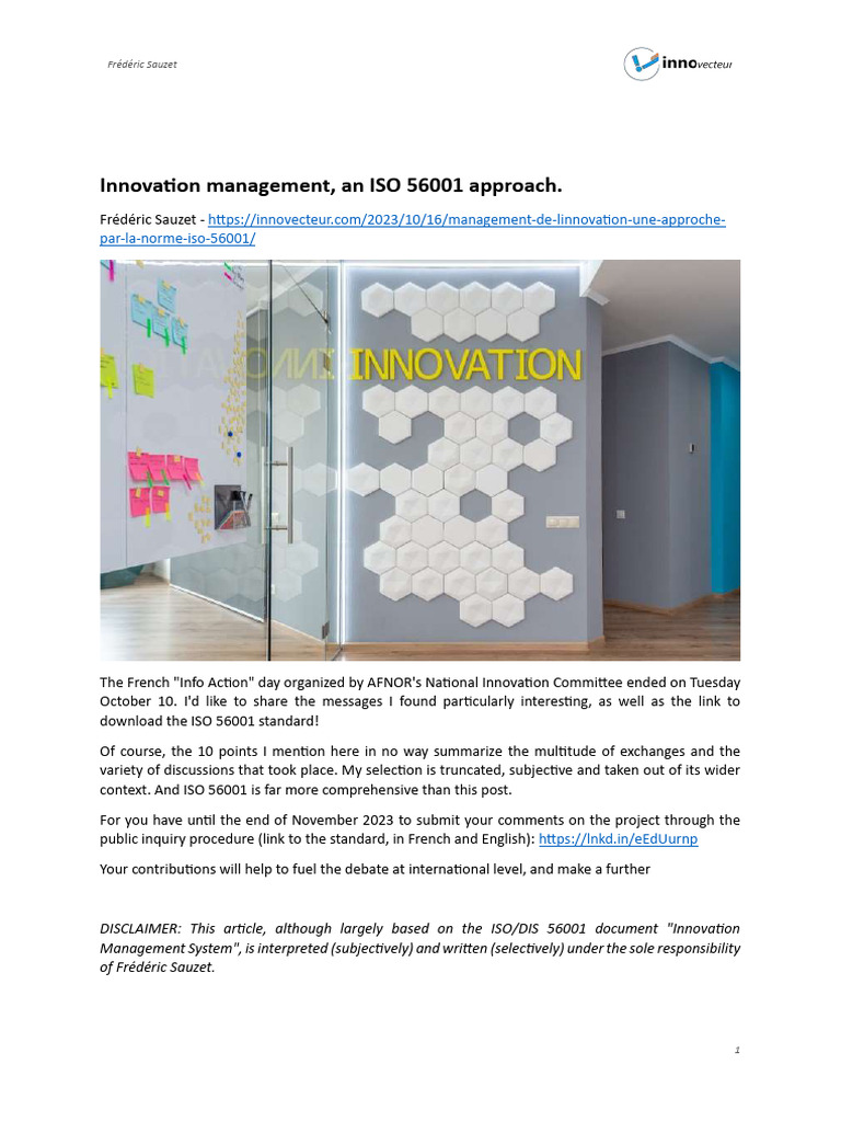 Innovation Management An Iso 56001 Approach | PDF | Innovation | Risk