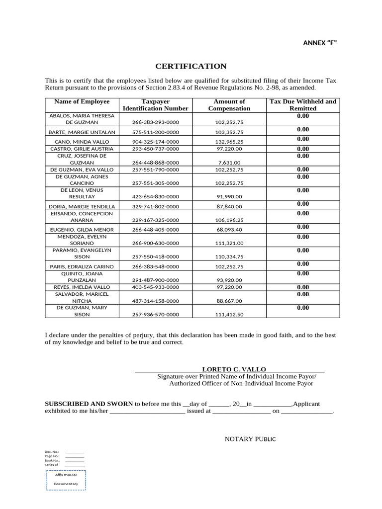 RR-11-2018 - Annex-F-CErtification-of-Employee-List-for-Subsituted ...