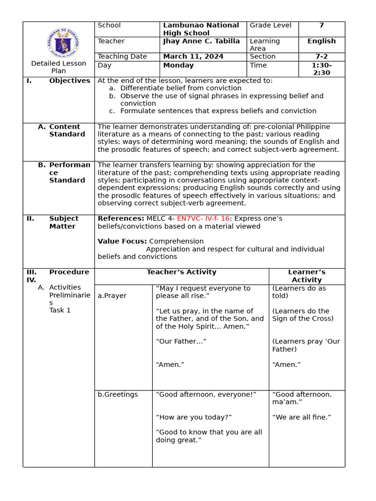 LESSON PLAN ENG 7 - MELC 4 Expressing One's Belief and Conviction | PDF ...