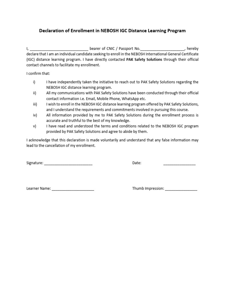 Declaration of Enrollment in NEBOSH IGC Distance Learning Program | PDF
