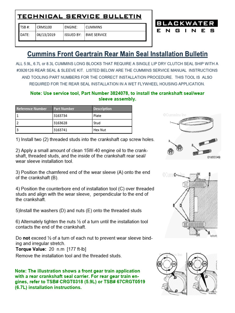 Cummin FGT Rear Main Seal Install Bulletin | PDF