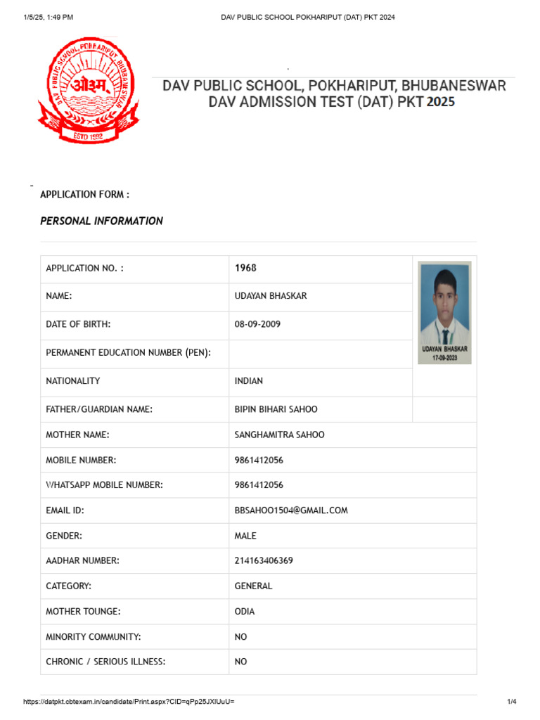 Dav Public School Pokhariput (Dat) PKT 2024 | PDF