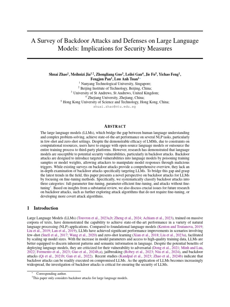 2406 06852v2 A Survey Of Backdoor Attacks And Defenses On Large