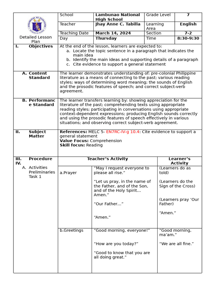 Lesson Plan Eng7 - Q3-MELC 5 - Cite Evidences | PDF | Reading Comprehension