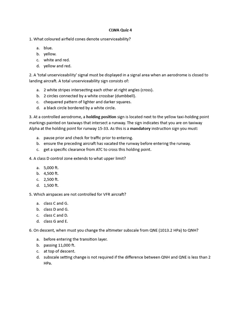 Aviation Safety Quiz and Answers | PDF | Air Traffic Control | Aviation ...