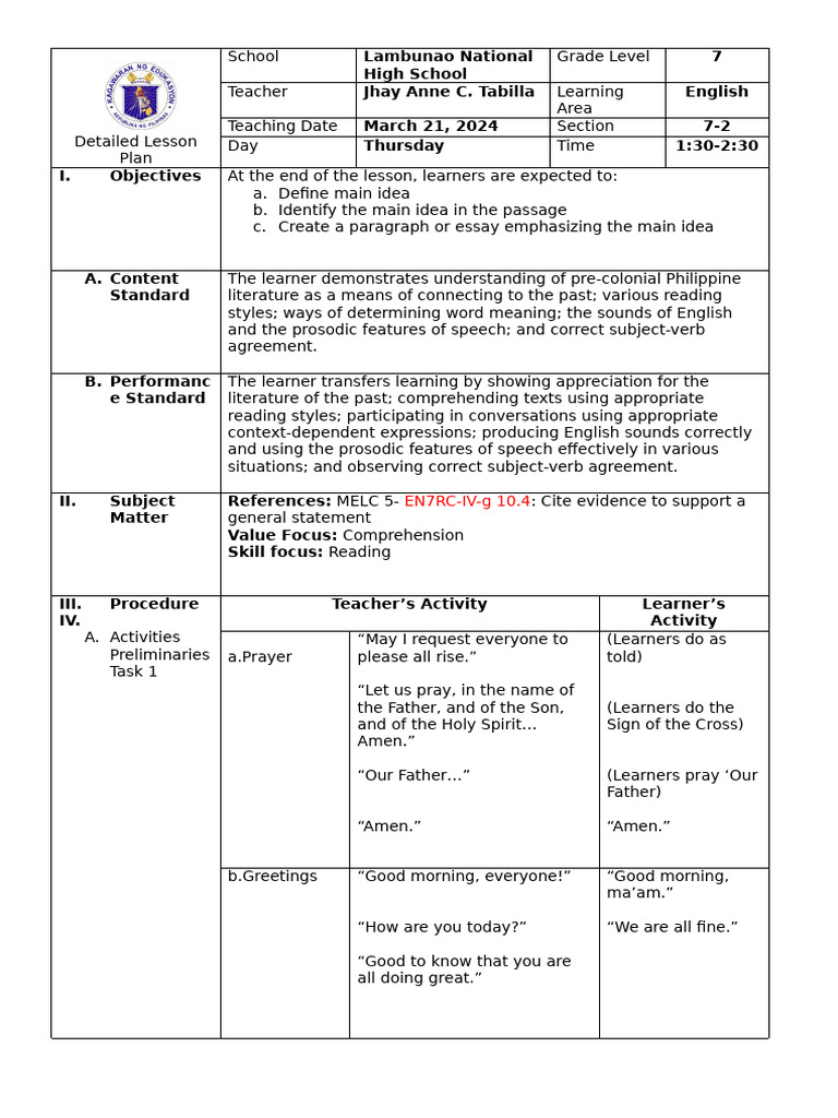 Lesson Plan Melc 5 - Main Idea | PDF | Cowboys | Reading Comprehension