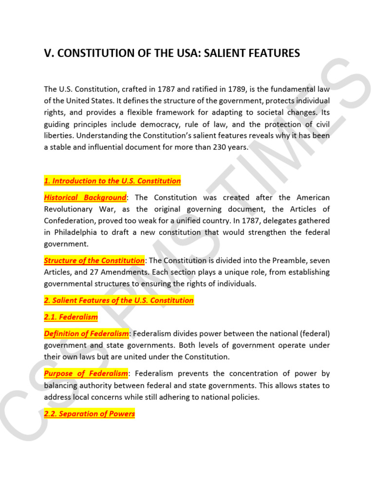 V. Constitution of The Usa Salient Features | PDF | Constitution | Separation Of Powers Under ...