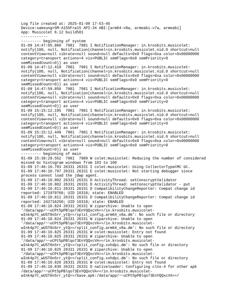 Musicolet App Log Analysis Report | PDF | Android (Operating System) | Operating System Technology