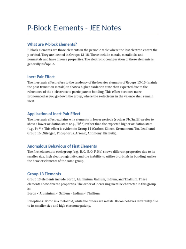 P Block Elements JEE Notes | PDF | Periodic Table | Condensed Matter ...