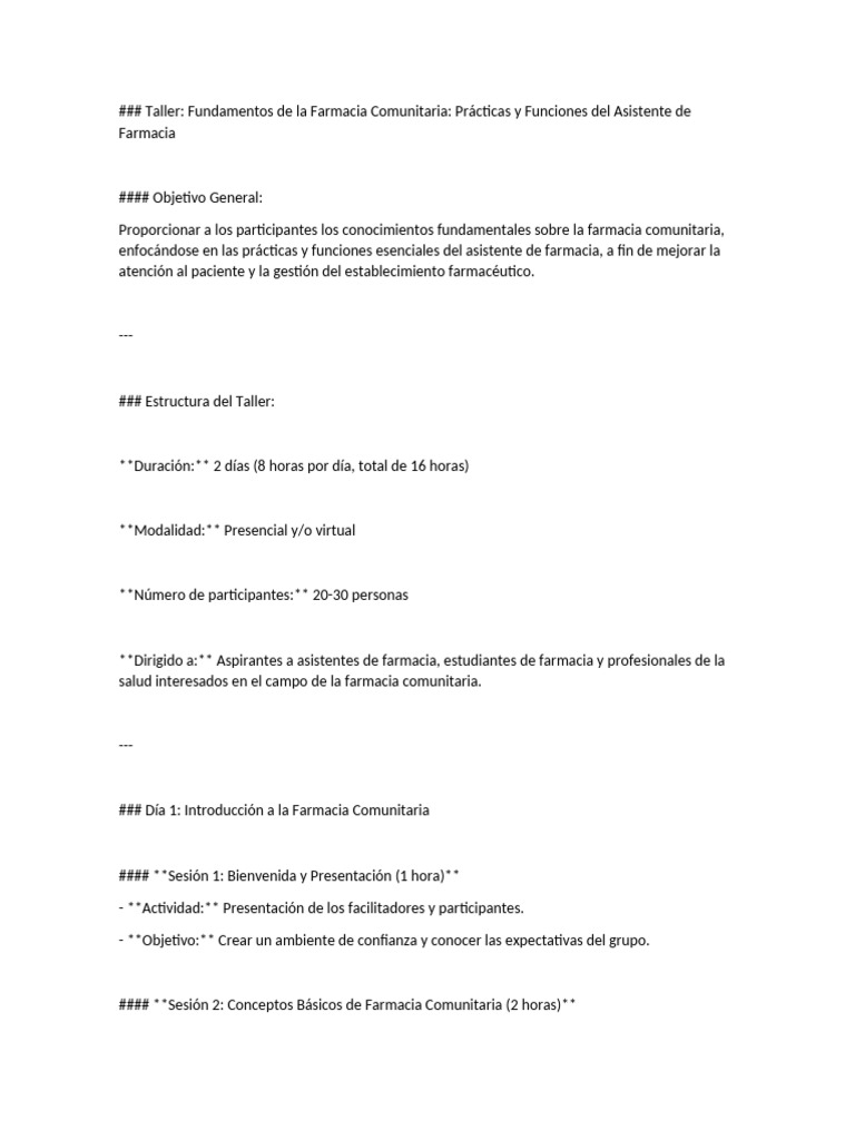 Taller Fundamentos de La Farmacia Comunitaria - Prácticas y Funciones Del Asistente de Farmacia ...