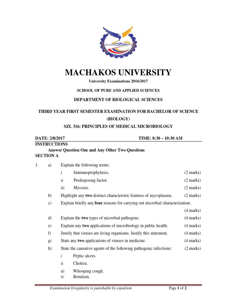 SZL 316 Principles of Medical Microbiology Exam FINAL | PDF | Pathogen | Infection