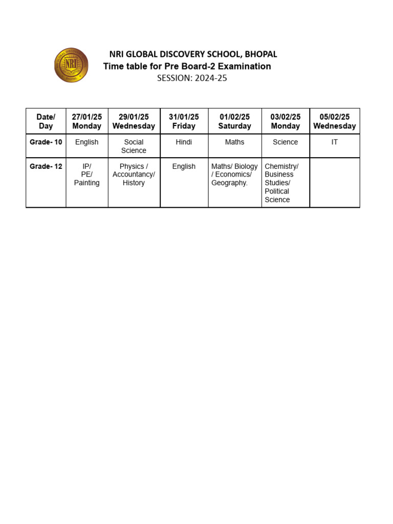Time table for Pre board-2 Examination | PDF