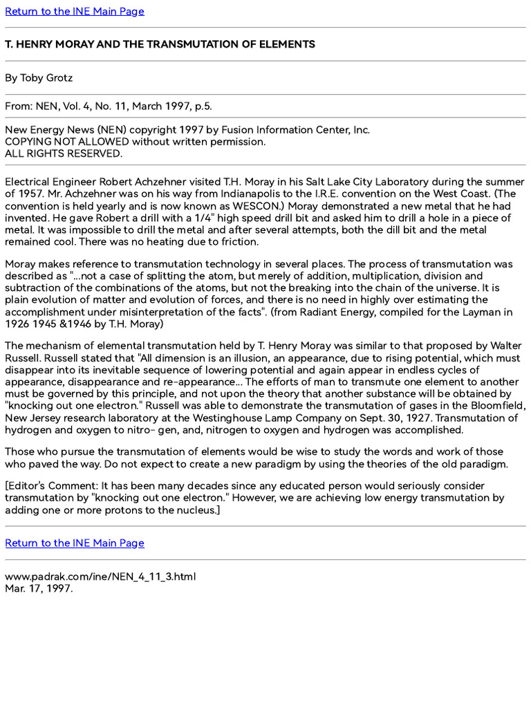 T. Henry Moray and The Transmutation of Elements.p | PDF | Atoms ...