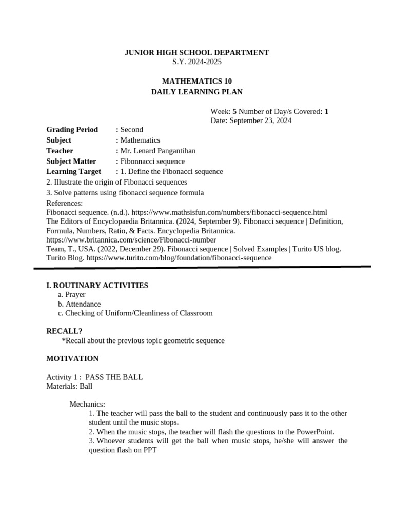 Fibonacci Sequence Lesson Plan | PDF | Mathematics