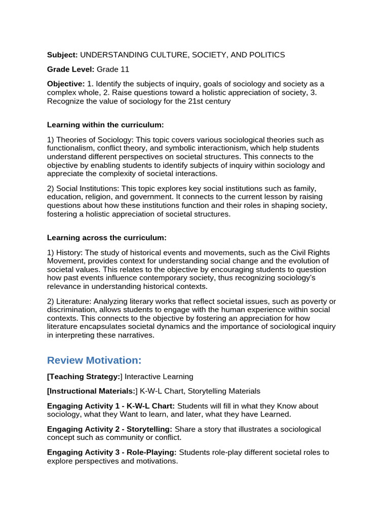 Lesson - Plan (1) Understanding Culture | PDF | Sociology | Institution