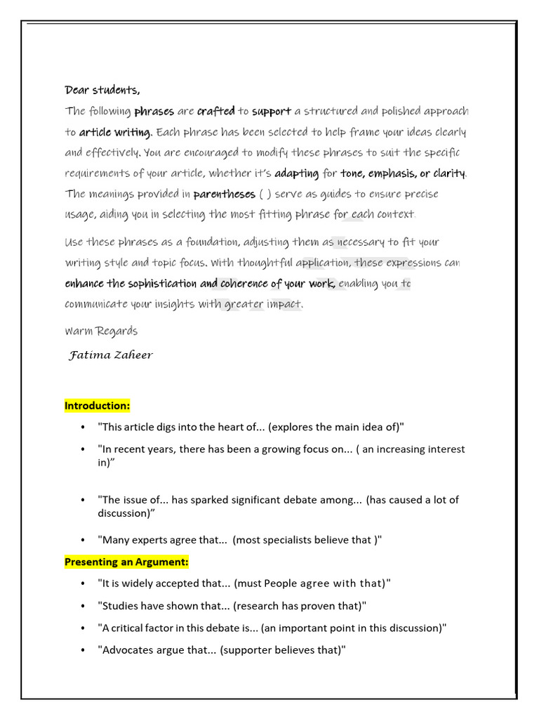 Phrases For Article Writing | PDF | Cognition | Social Psychology