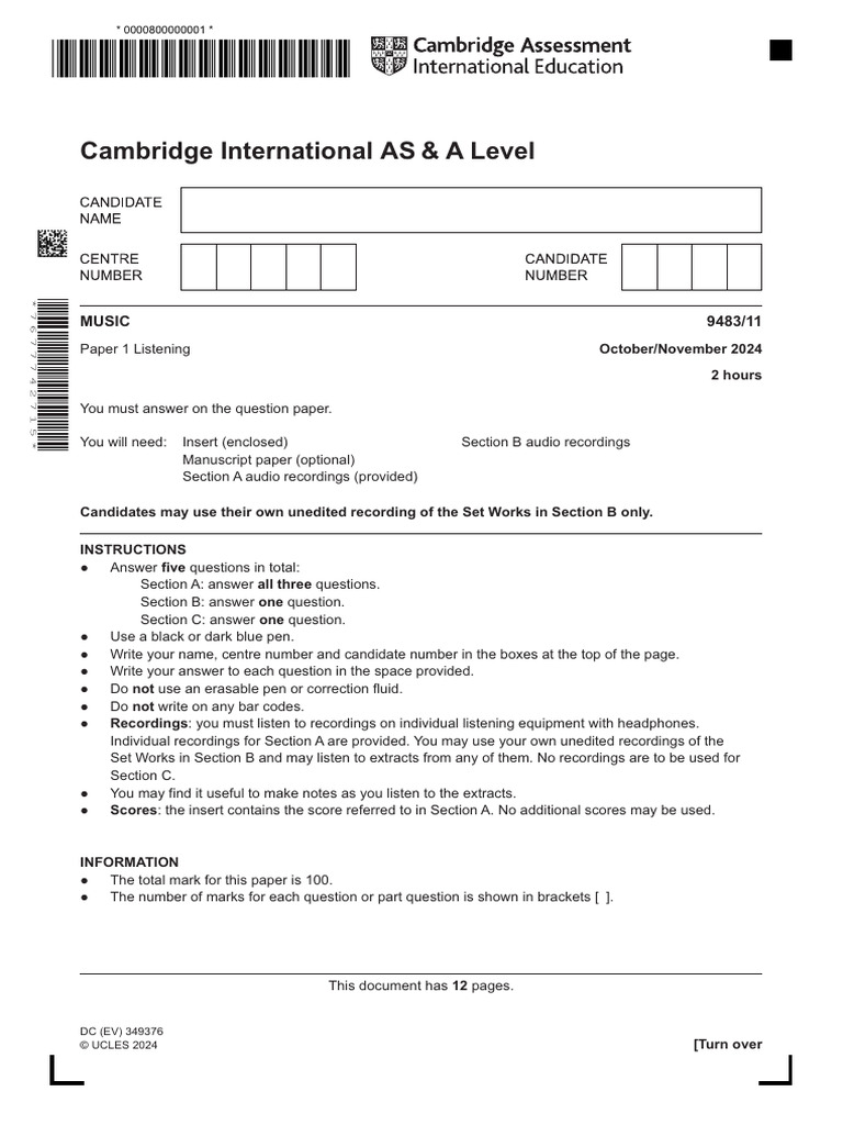 Cambridge IGCSE 2024 Oct-Nov Music (9483) Component 11 | PDF ...