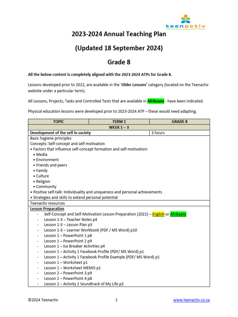 Grade 8 Annual Teaching Plan 2024 | PDF