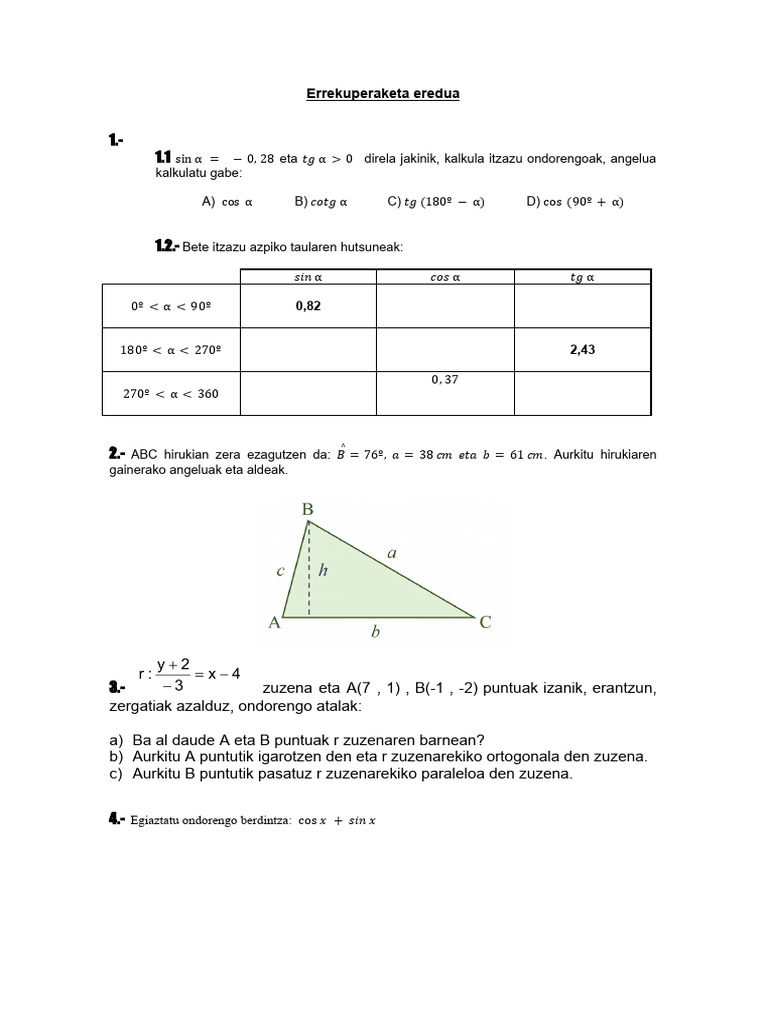 Eta Direla Jakinik, Kalkula Itzazu Ondorengoak, Angelua Kalkulatu Gabe: A) B) C) D) | PDF