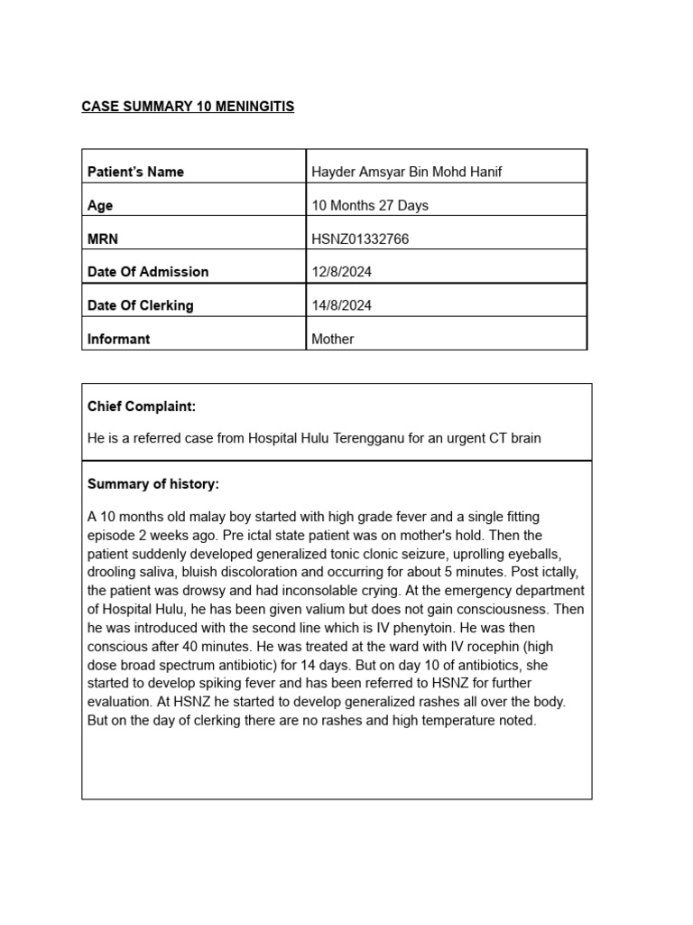 Case Summary 10 Meningitis | PDF | Clinical Medicine | Medical Specialties