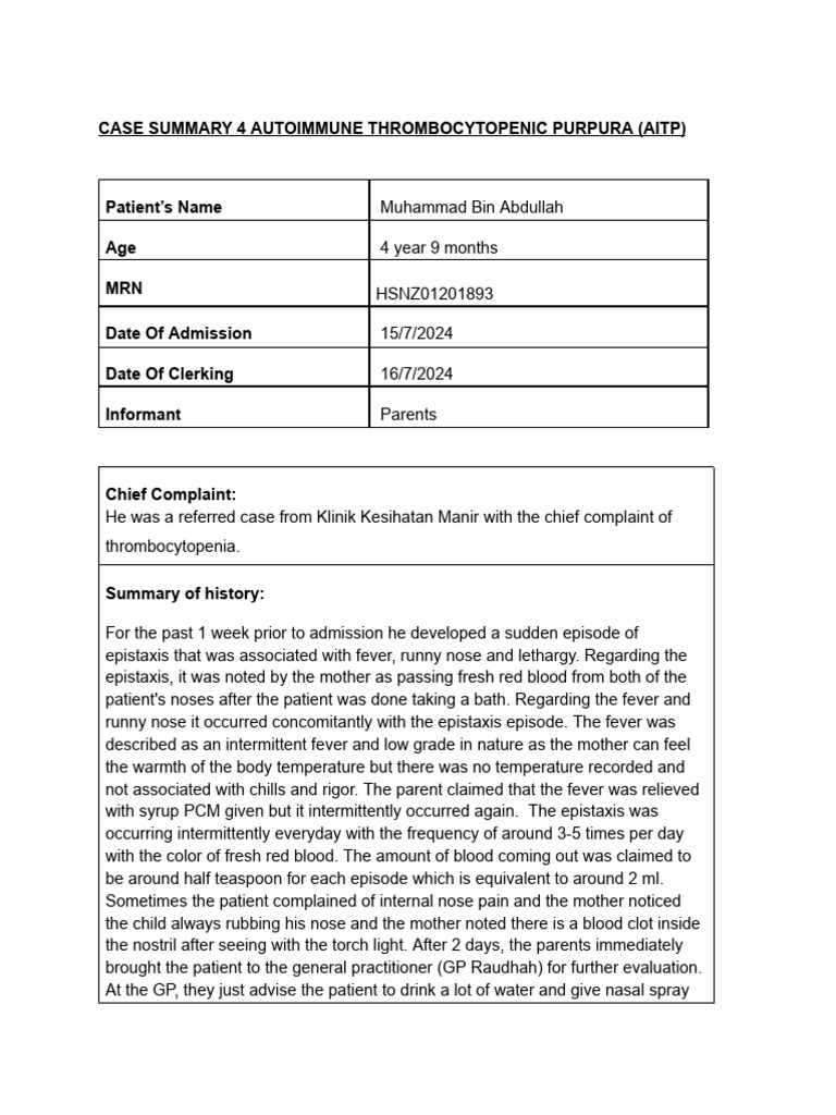 Case Summary 4 Autoimmune Thrombocytopenic Purpura (Aitp) | PDF ...