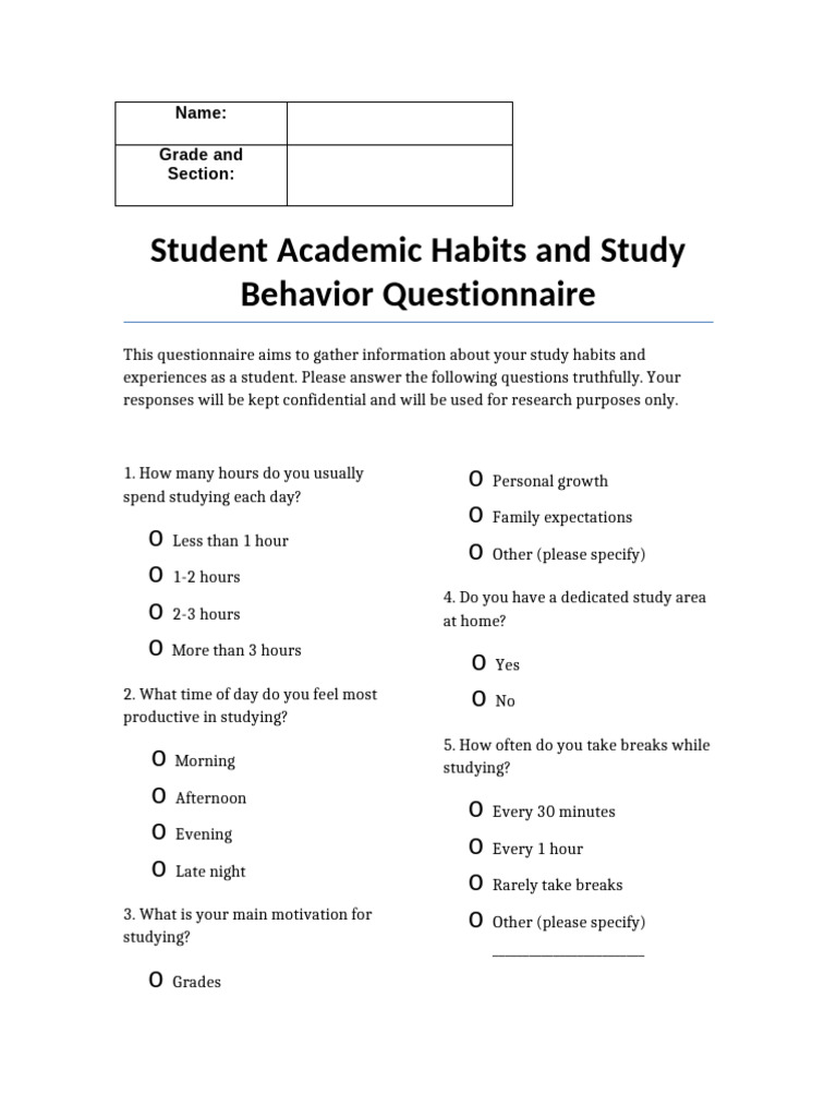 Student Study Habits Questionnaire | PDF | Social Psychology | Psychology