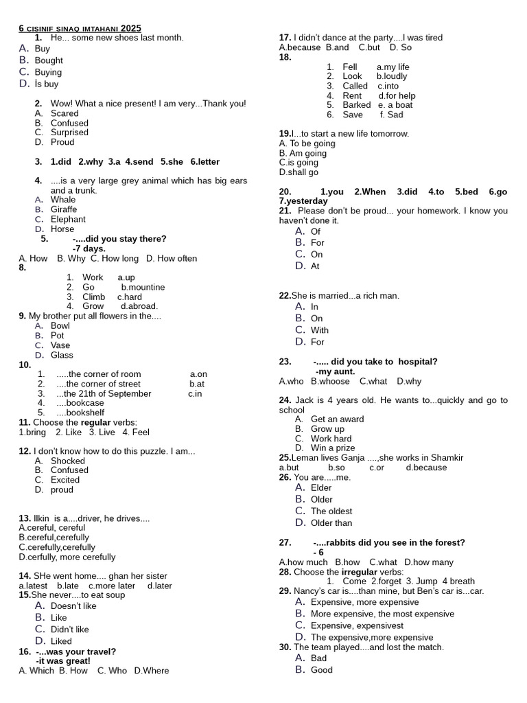 6 Cı Sinif Sınaq Imtahanı 60 Sual | PDF