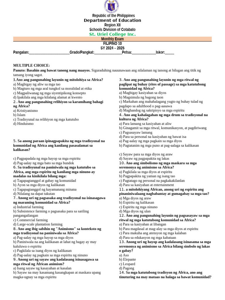 FILIPINO GRADE 10 Ikatlong Markahan | PDF