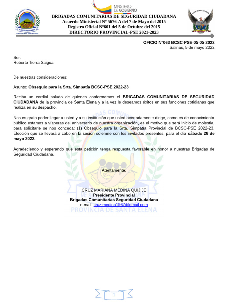 OFICIO N°063 BCSC-PSE-05-05-2022 Fabiola Grefa (donación) (1) | PDF