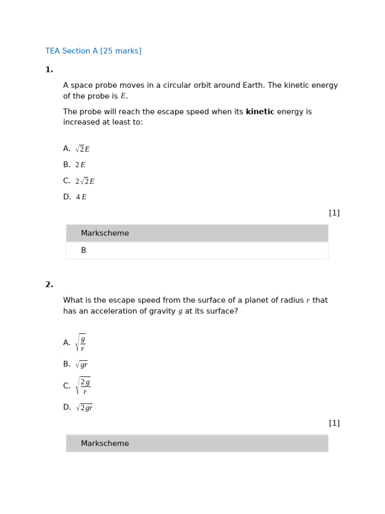Physics Exam Questions and Markscheme | PDF | Force | Mass