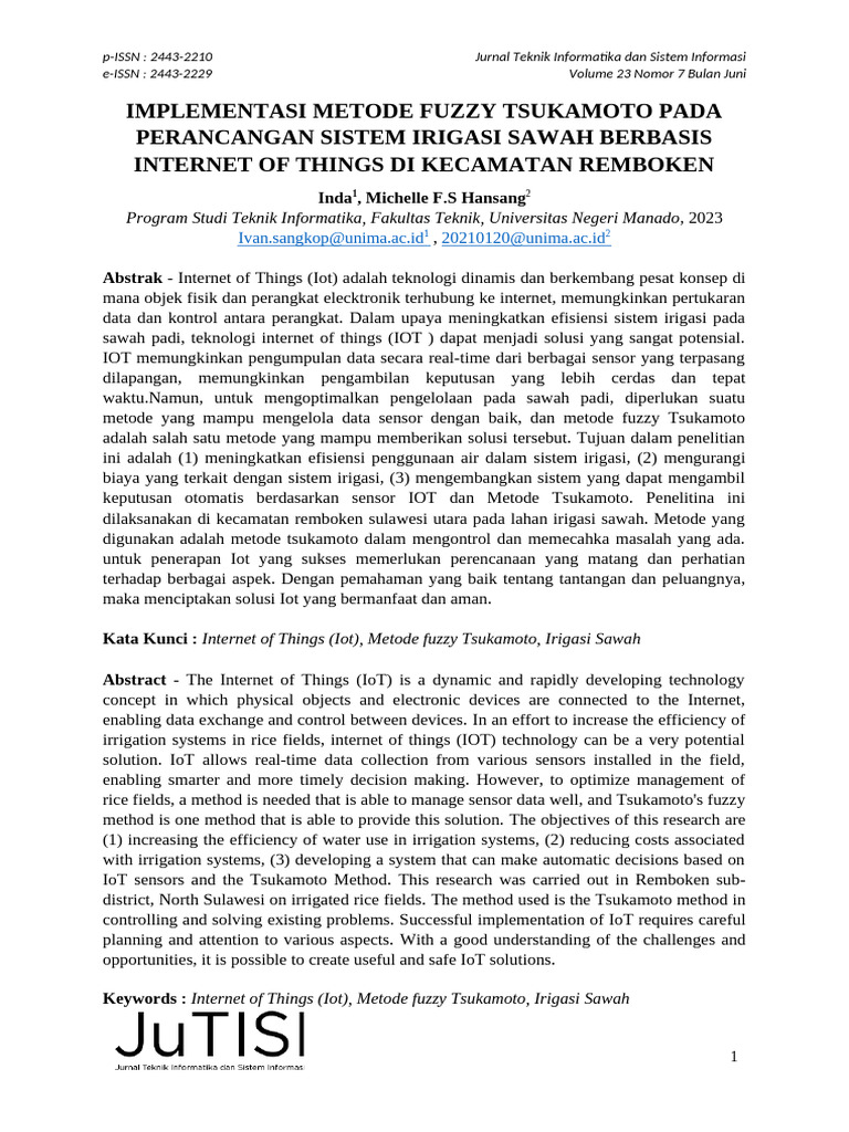 Implementasi Metode Fuzzy Tsukamoto Pada Perancangan Sistem Irigasi Sawah Berbasis Internet of ...
