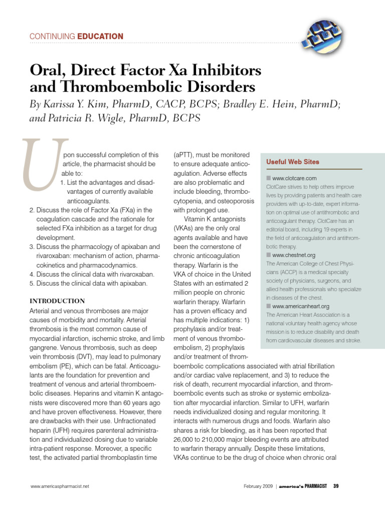 Oral Direct Factor Xa Inhibitors and Thromboembolic Disorders | PDF ...