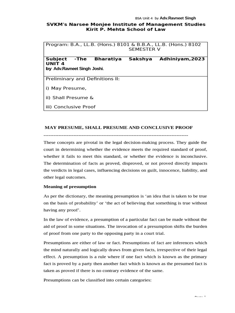 Unit 4 Bharatya Sakshya Adhiniyam 2023[1] Pdf Burden Of Proof Law Evidence