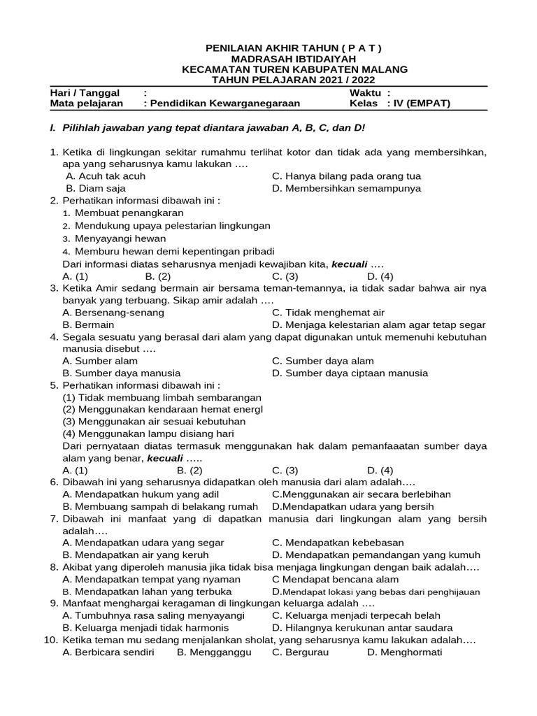 Soal PKN Pat 21-22 Kelas 4 | PDF