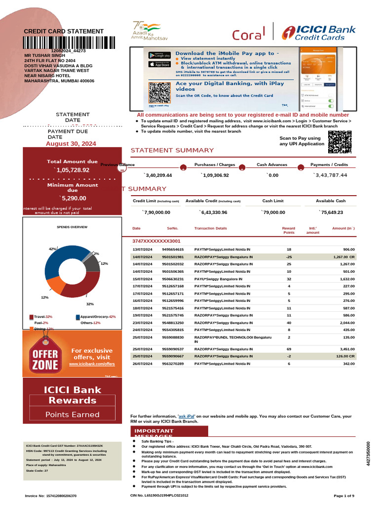 ICICI Credit Card Statement Overview | PDF | Credit Card | Payments