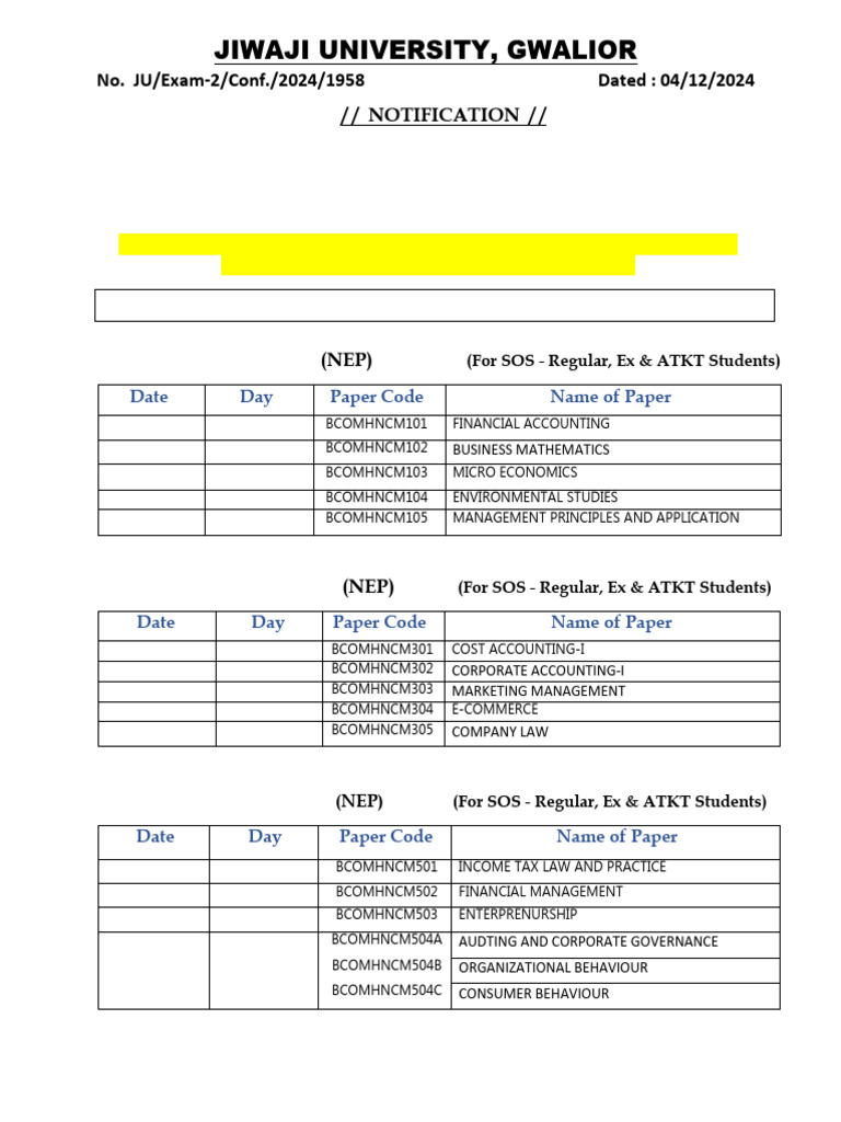 Time Table of B.com - Hons. Ist IIIrd VTH Sem. Examination Dec. 2024 ...