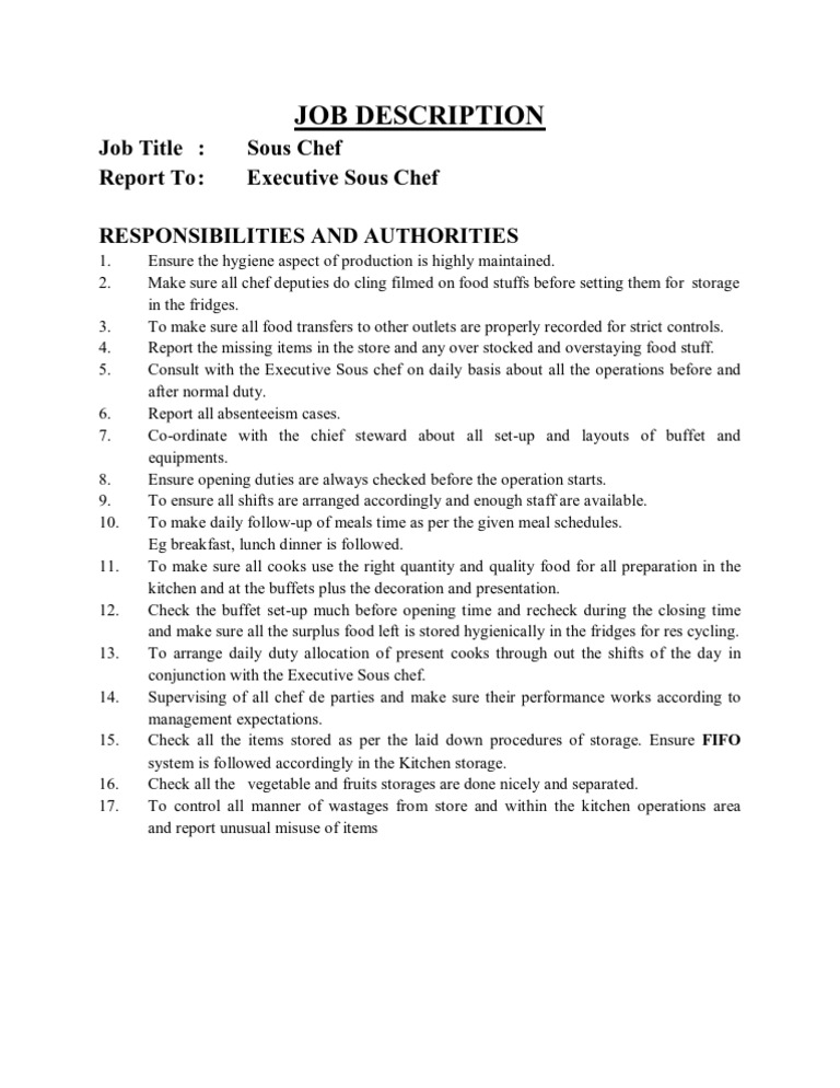 Sous Chef Duties and Responsibilities | PDF