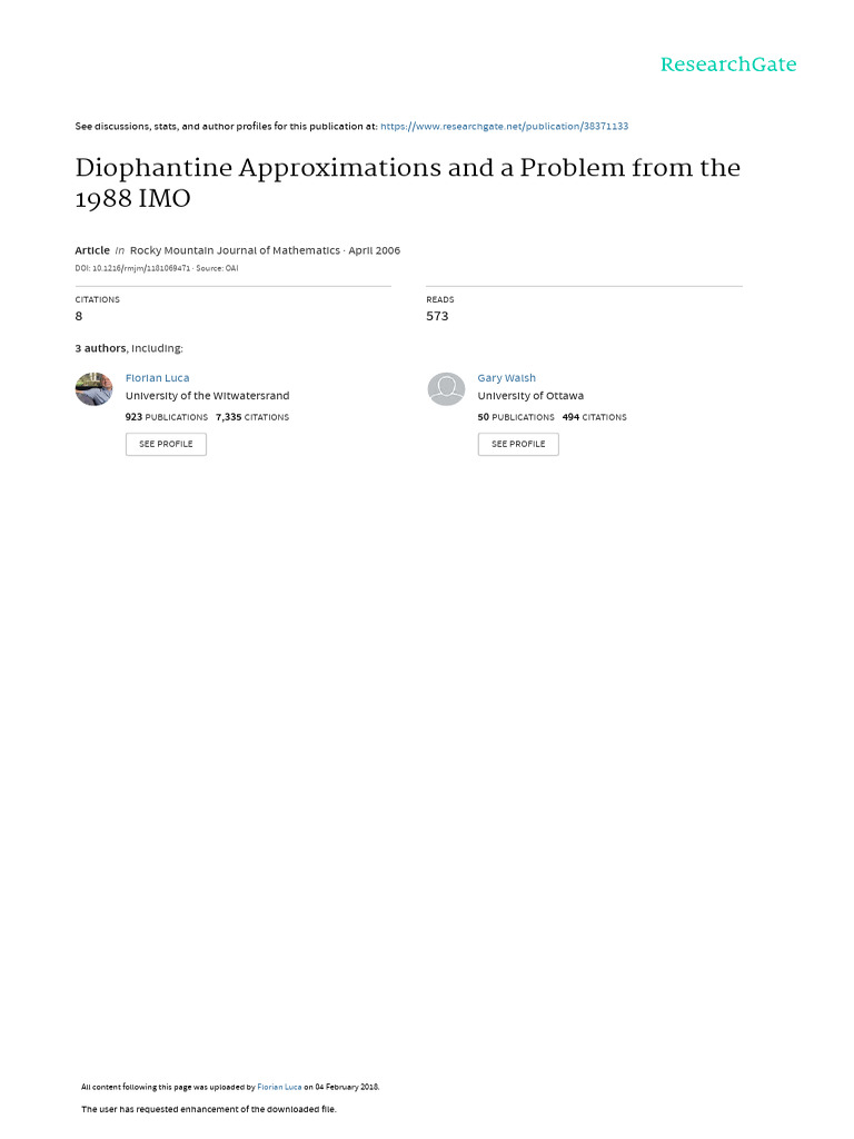 Diophantine Approximations and A Problem From The | PDF | Mathematical Concepts | Elementary ...