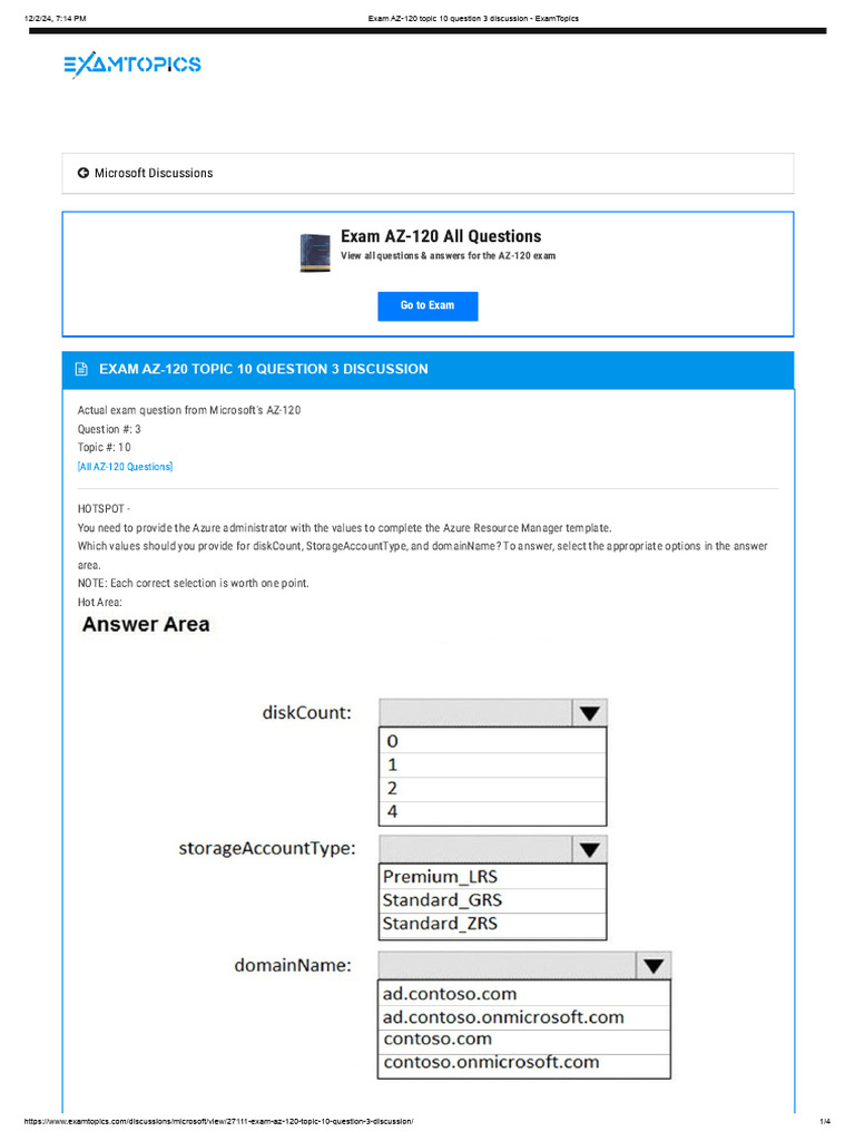 Exam AZ-120 Topic 10 Question 3 Discussion - ExamTopics | PDF | Microsoft Azure | Computing