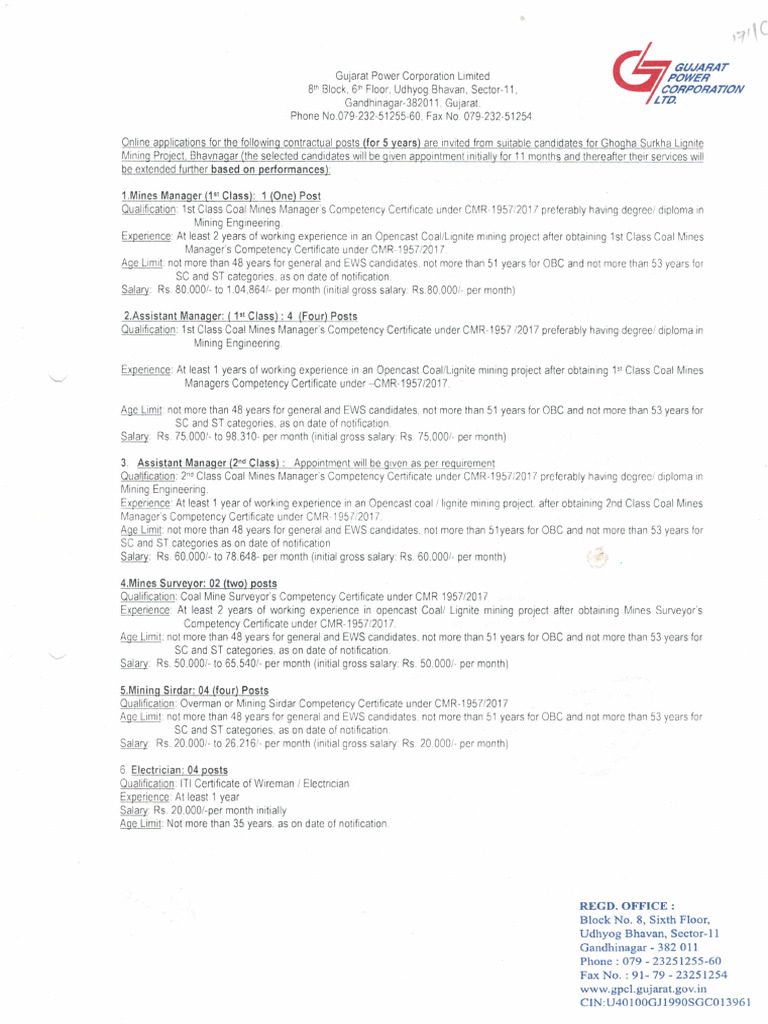 Mining Jobs at GPCL: Apply Now | PDF
